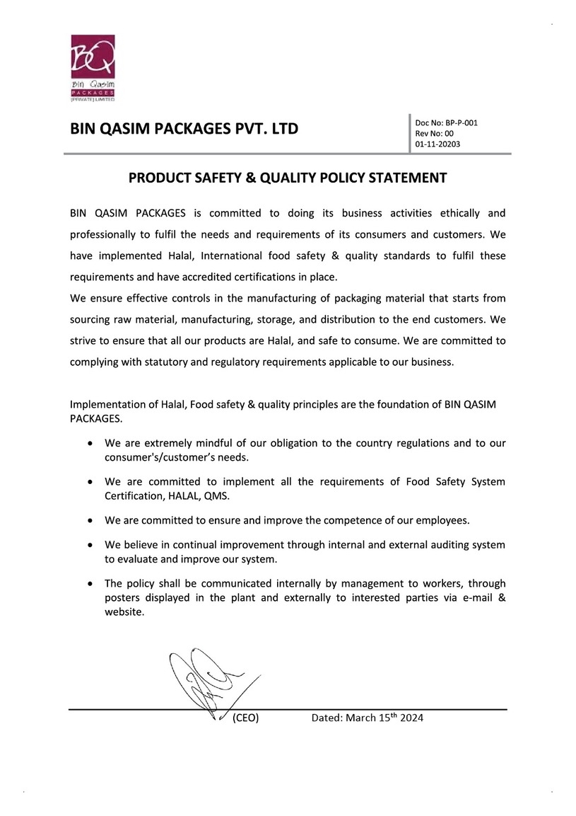 Quality Policy Statement – Bin Qasim